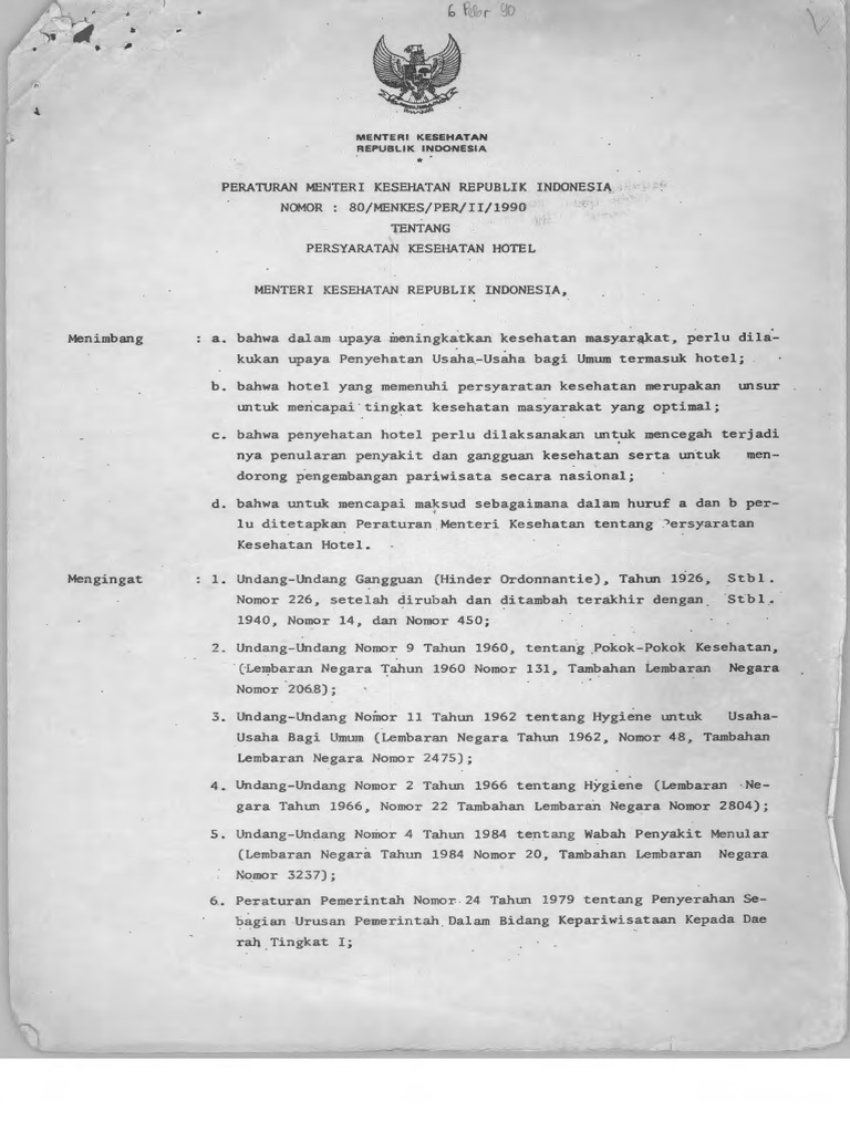 Permenkes RI No. 80-MENKES-PER-II-1990 TTNG Persyaratan Kesehatan Hotel ...