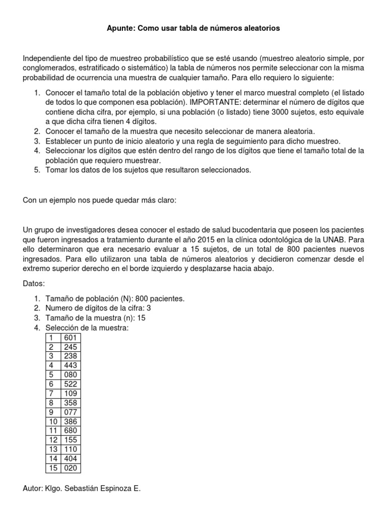 Uso Tabla Numeros Aleatorios | PDF | Muestreo (Estadísticas) | Probabilidad
