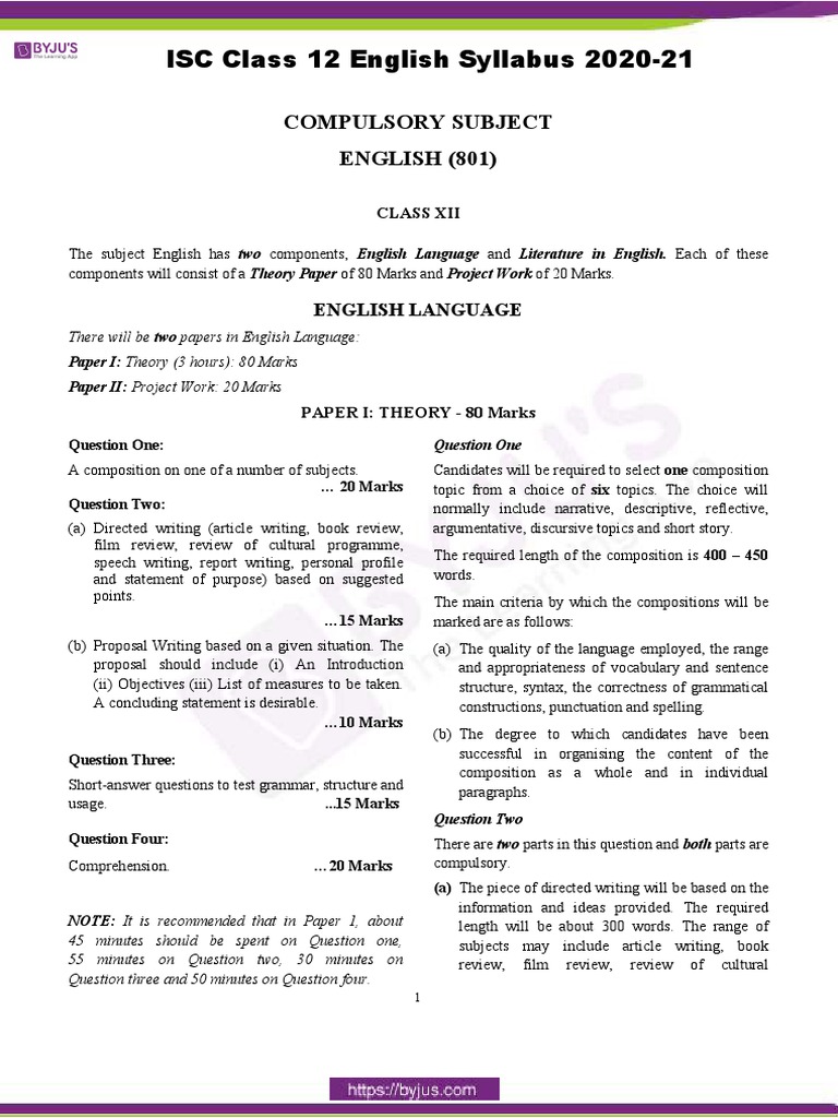 Further Reduced ISC Class 12 English Syllabus 2020 21 | PDF | Test ...