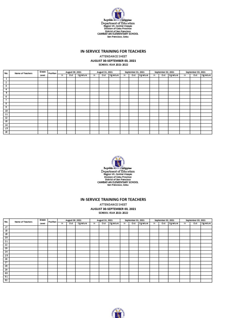 Inset Attendance Sheet August 30 Sept.03 2021 | PDF | Government ...