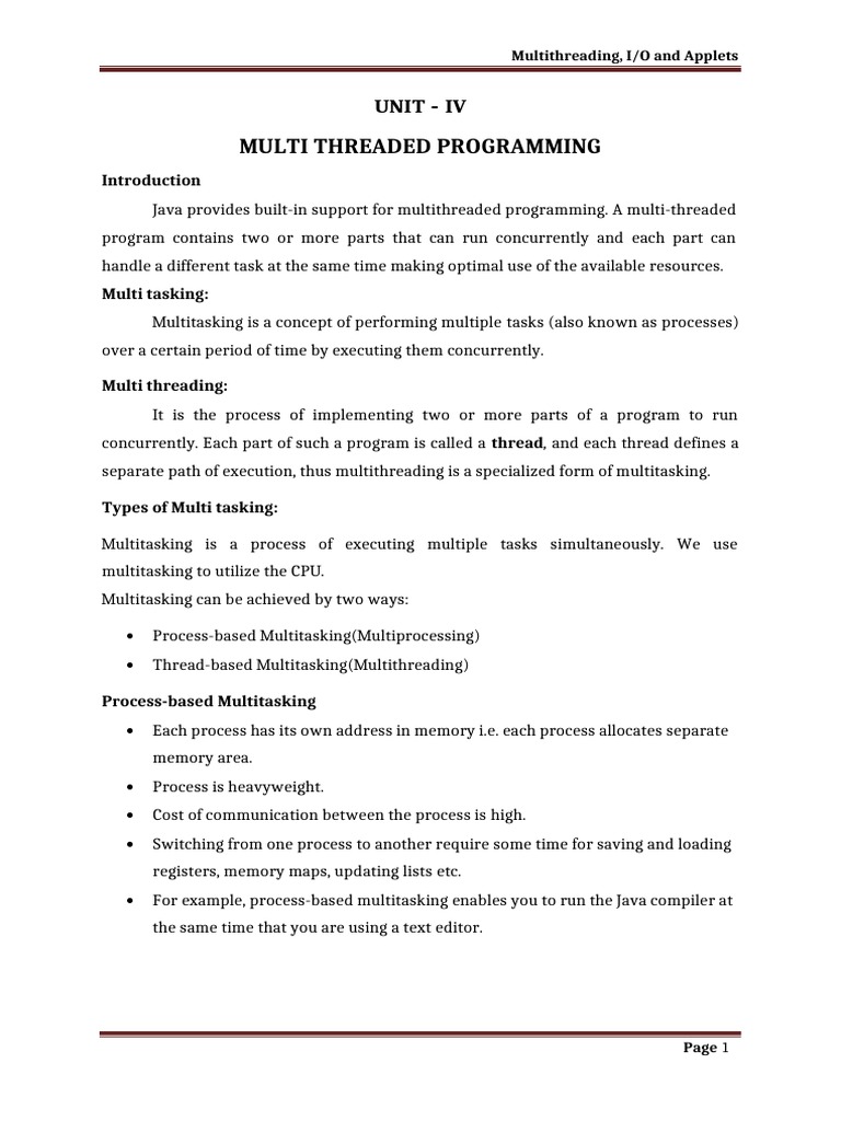 UNIT-IV Multithreading, IO, Applets | PDF | Process (Computing) | Method (Computer Programming)