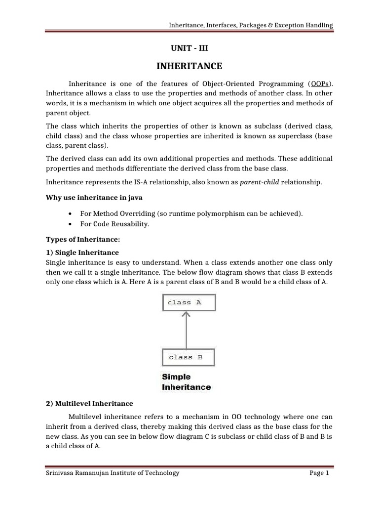 UNIT-III Inheritance, Interfaces, Packages and Exception Handling | PDF | Inheritance (Object ...
