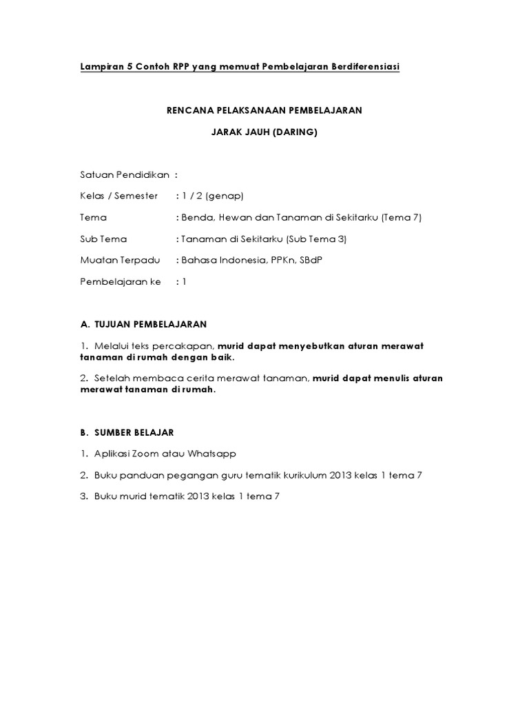 Lampiran 5 Contoh RPP Yang Memuat Pembelajaran Berdiferensiasi | PDF