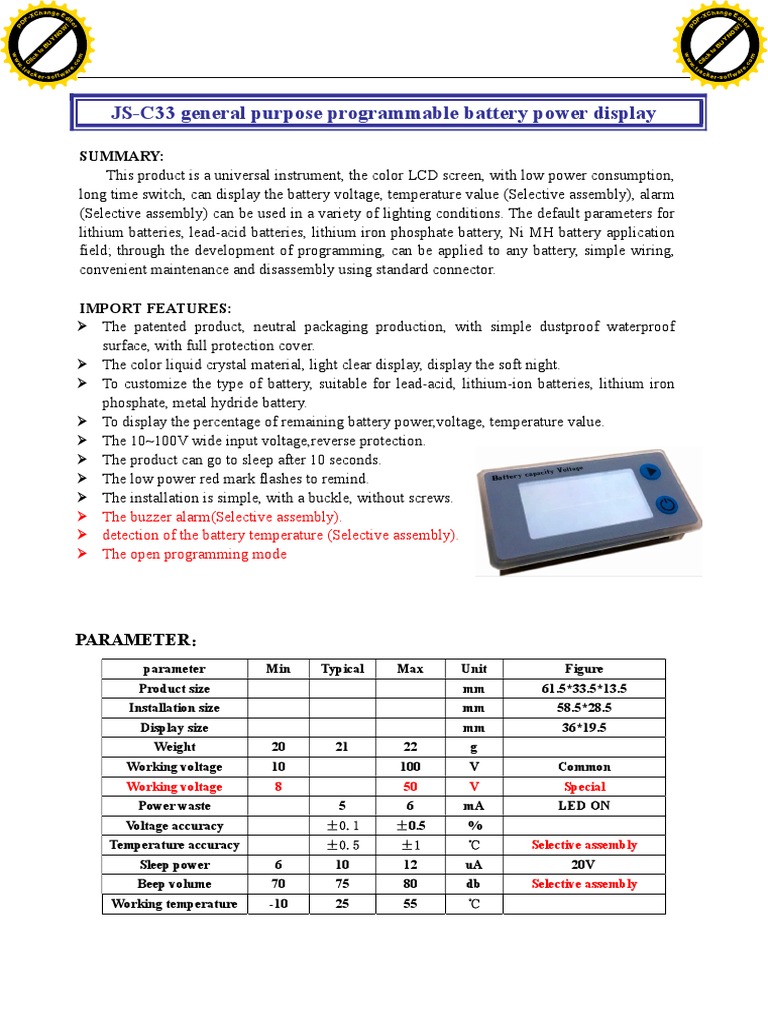 JS-C33 General Purpose Programmable Battery Power Display: Parameter | Download Free PDF | Menu ...