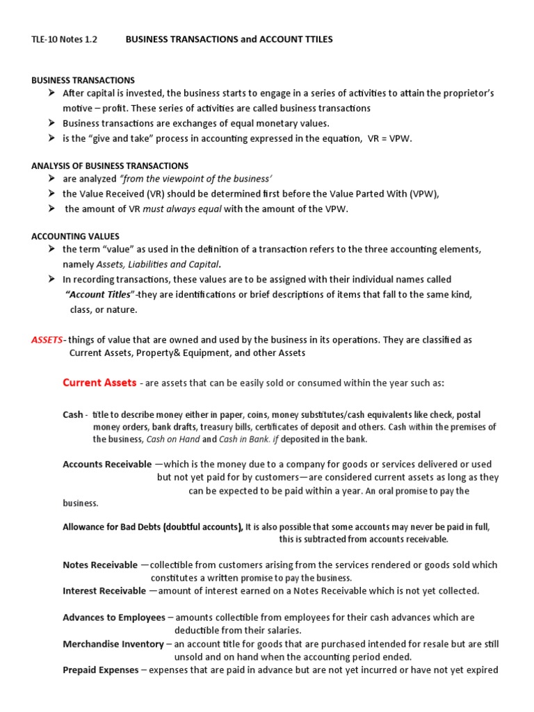 TLE-10 Notes 1.2 Account Titles | PDF | Money | Promissory Note