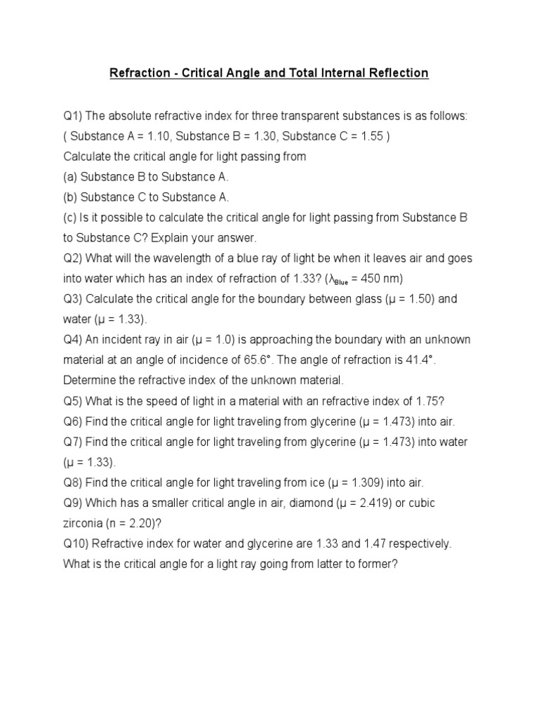 Refraction Assignment - C.R, R.D & A.D | PDF | Electromagnetism ...