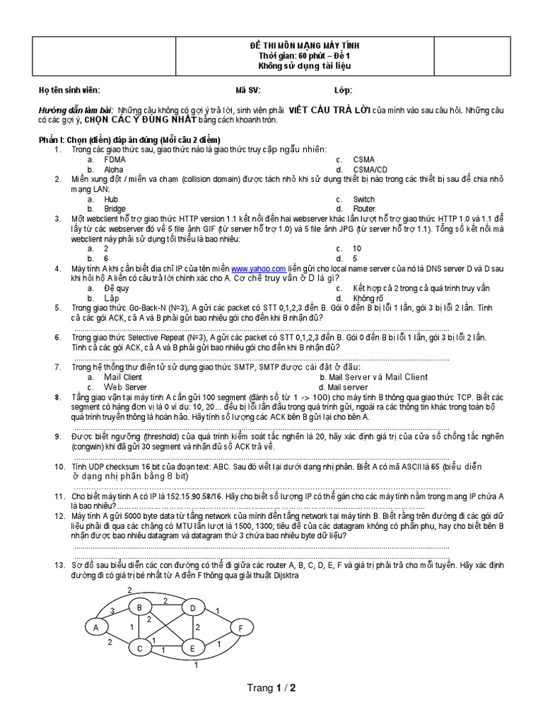 Đề thi MMT 1 | PDF