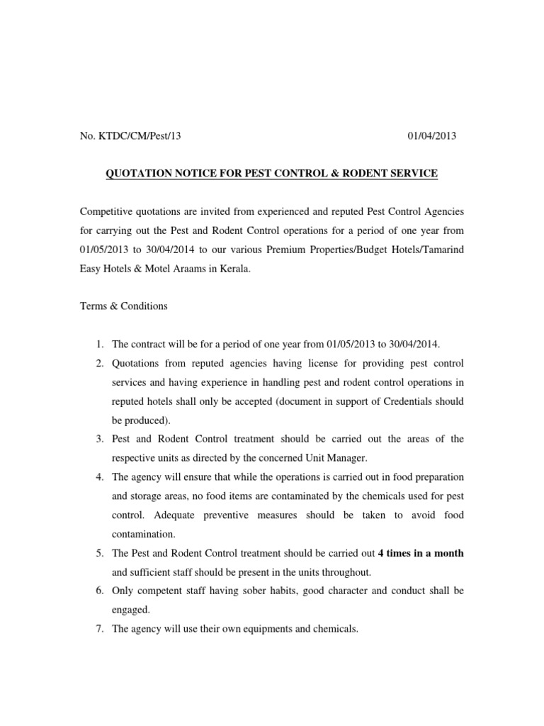 Quotations Pest Control & Rodent Service Various KTDC Properties | PDF ...