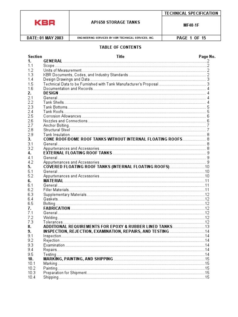 API 650 Storage Tanks Technical Specs | PDF | Welding | Construction