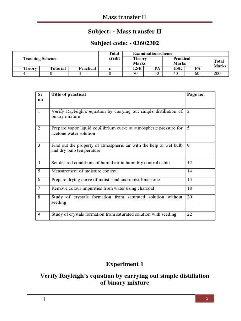 Mass Transfer II Lab Manual | PDF | Humidity | Distillation
