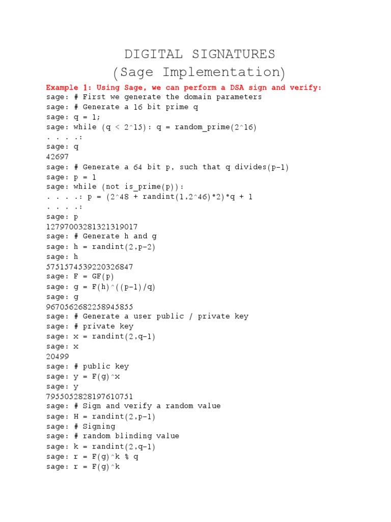 Digital Signatures (Sage Implementation) : Example 1: Using Sage, We Can Perform A DSA Sign and ...