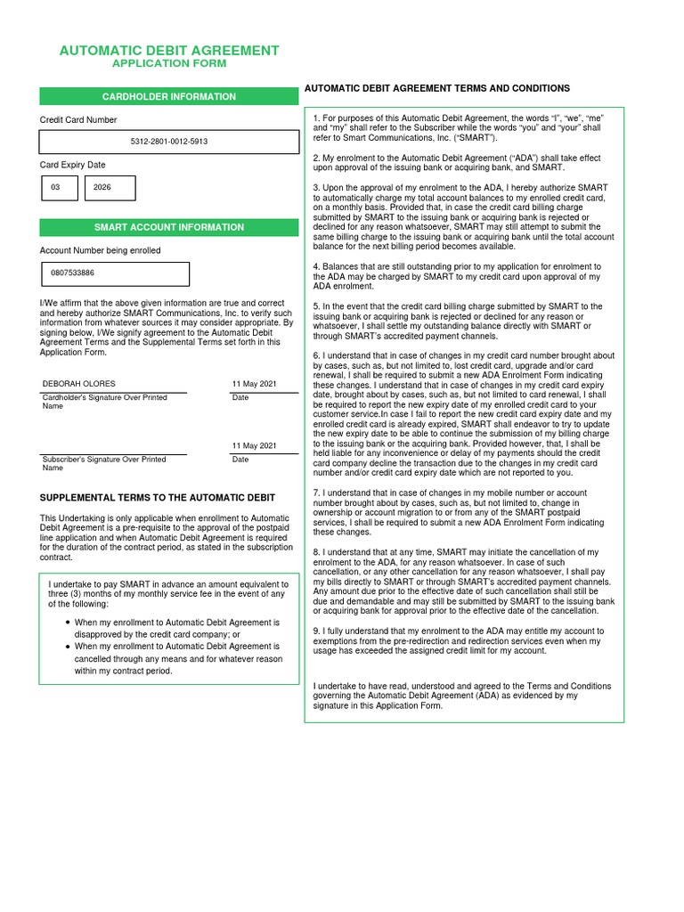 Automatic Debit Agreement: Application Form | PDF | Credit Card | Debit ...