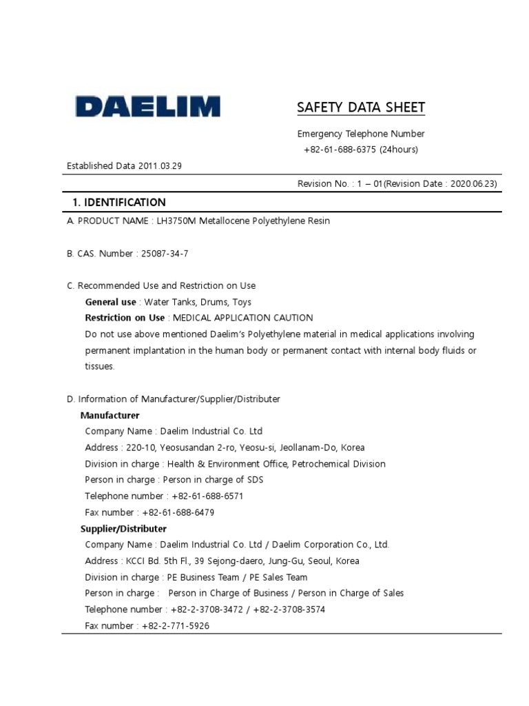 Safety Data Sheet: 1. Identification | PDF | Dangerous Goods | Firefighting