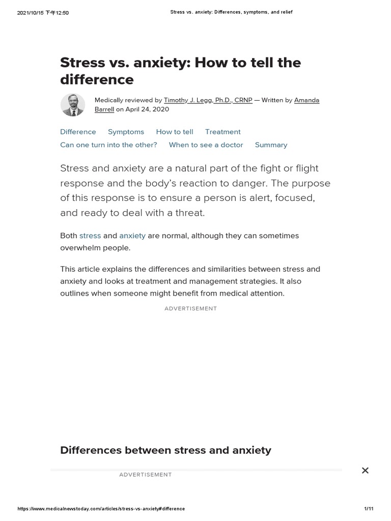 Stress vs. Anxiety - Differences, Symptoms, and Relief | PDF | Anxiety ...
