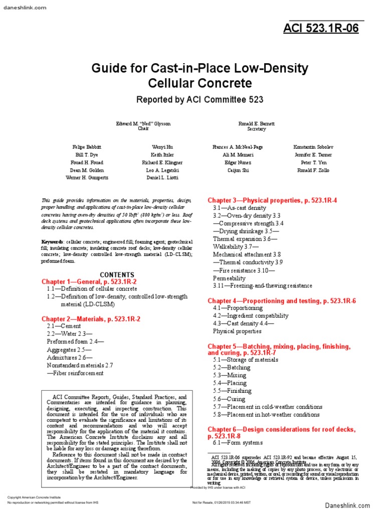 Guide For Cast-in-Place Low-Density Cellular Concrete: ACI 523.1R-06 ...