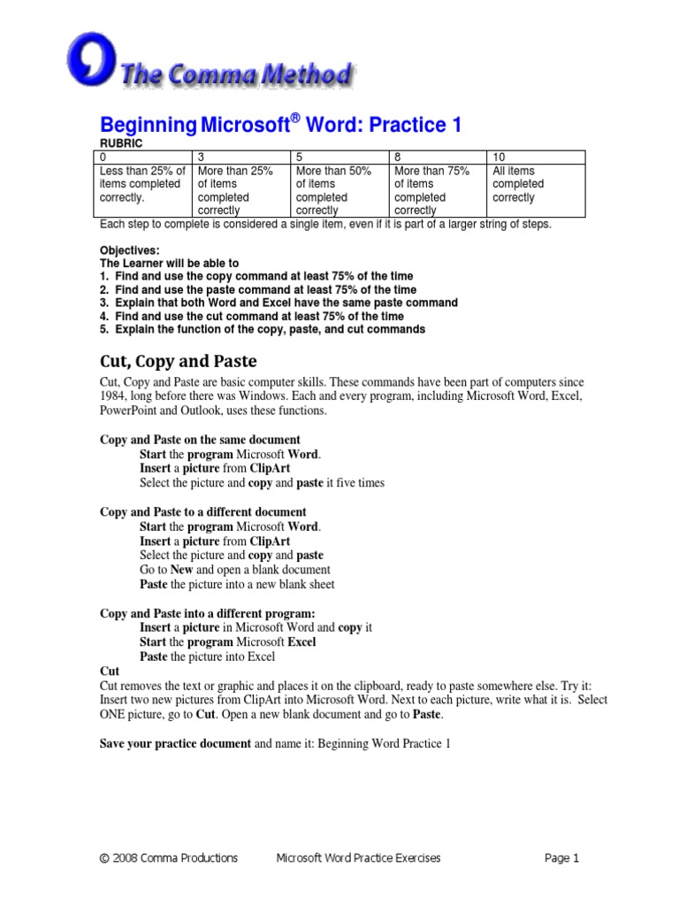 Beginning Microsoft Word: Practice 1: Cut, Copy and Paste | PDF ...