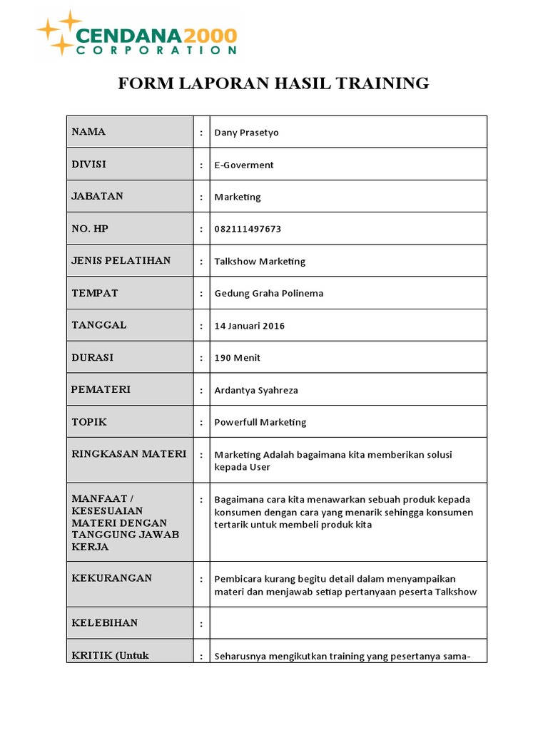 Form Laporan Hasil Training | PDF