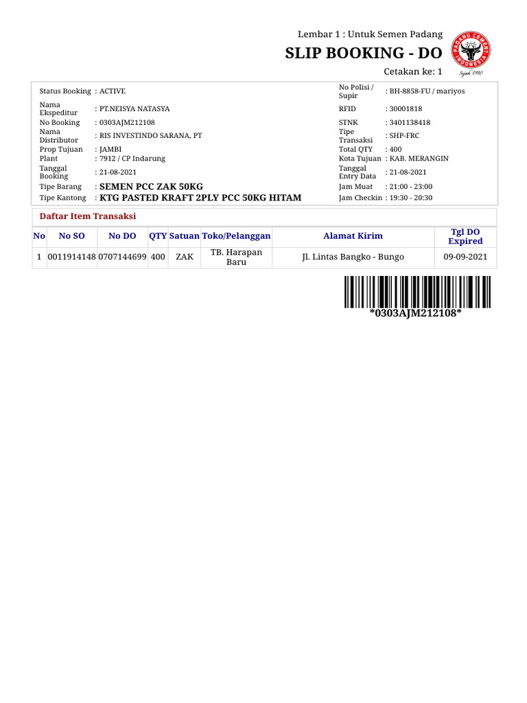 Slip Booking - Do: Semen PCC Zak 50Kg KTG Pasted Kraft 2ply PCC 50Kg ...