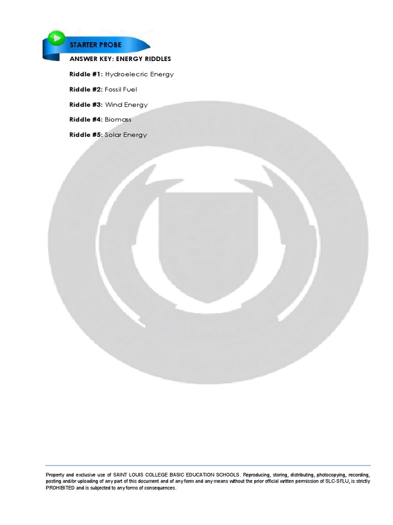 Answer Key: Energy Riddles Riddle #1: Hydroelecric Energy Riddle #2 ...