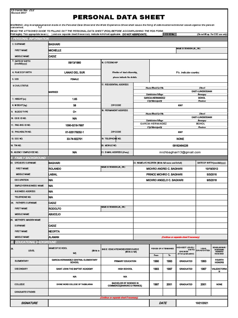 Personal Data Sheet Template | PDF | Government