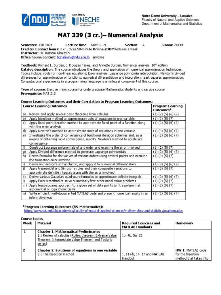 Mat 339 Syllabus Fall 2021 | PDF | Numerical Analysis | Integral