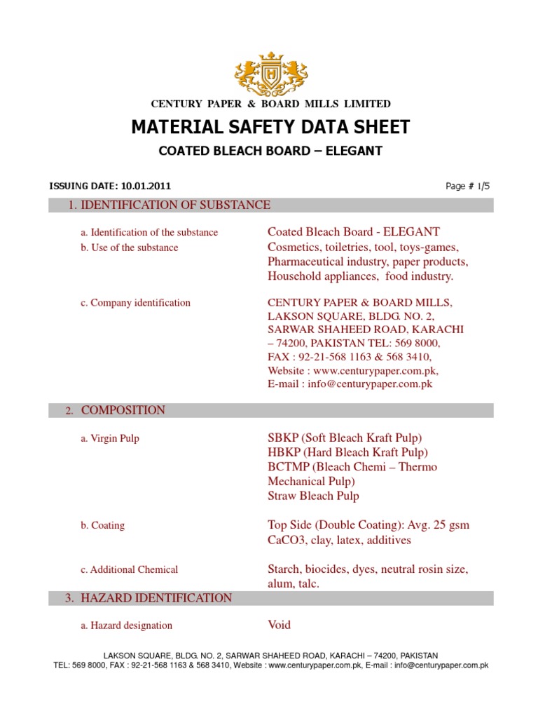Material Safety Data Sheet: Coated Bleach Board - Elegant | PDF | Paper ...