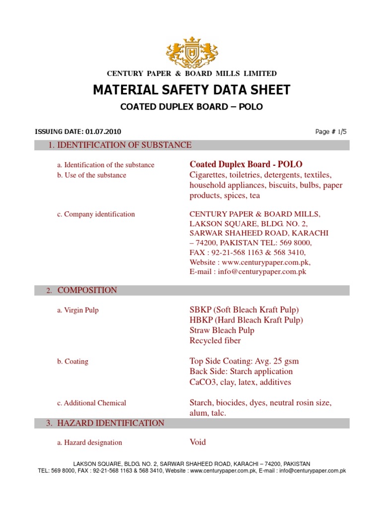 1-Polo - MSDS | PDF | Paperboard | Paper