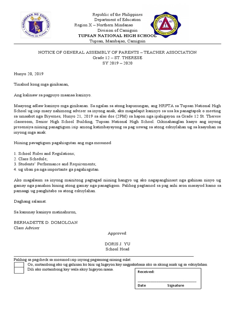 Letter To Parents hRPTA | PDF