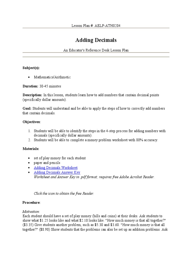 Adding Decimals Lesson Plan for Students | PDF | Lesson Plan | Worksheet
