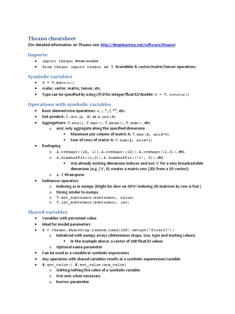 Theano Cheatsheet: Imports | PDF | Parameter (Computer Programming) | Matrix (Mathematics)