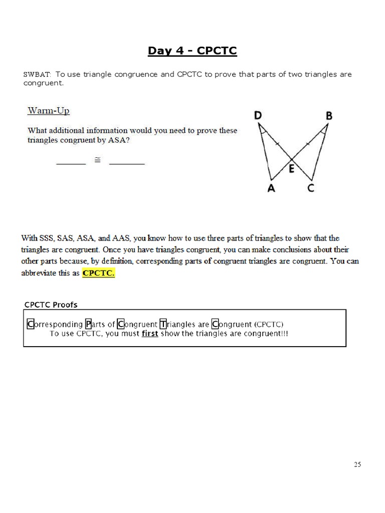 Day 4 - CPCTC: SWBAT: To Use Triangle Congruence and CPCTC To Prove ...