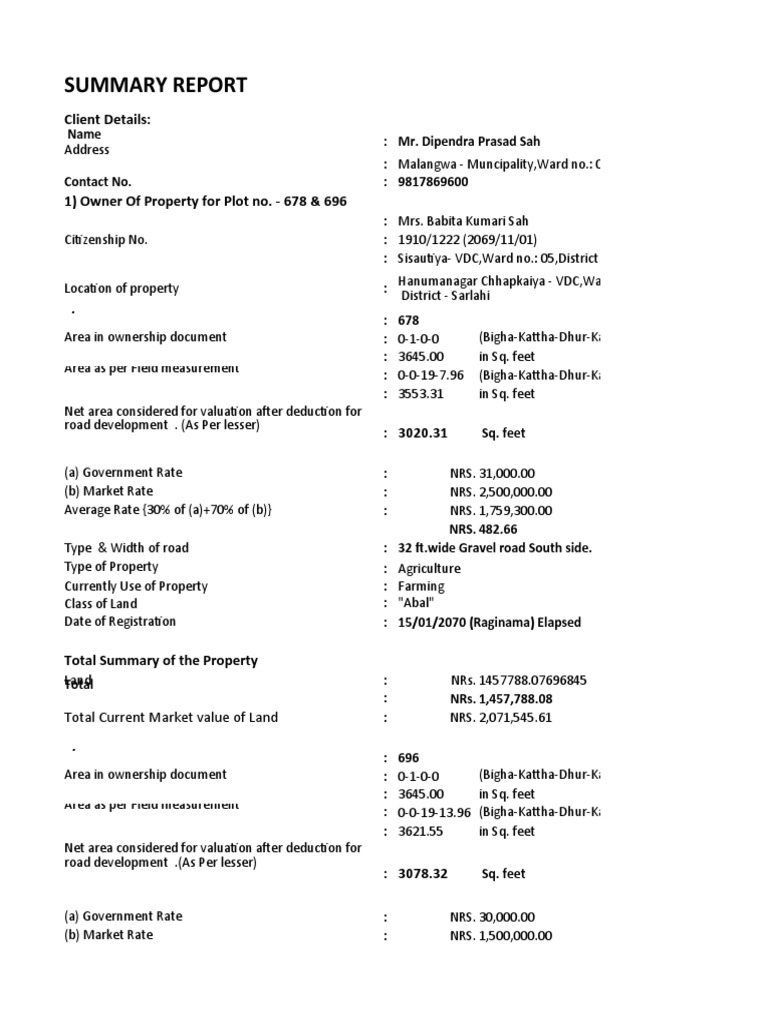 Summary Report: Client Details | PDF | Valuation (Finance) | Corporations