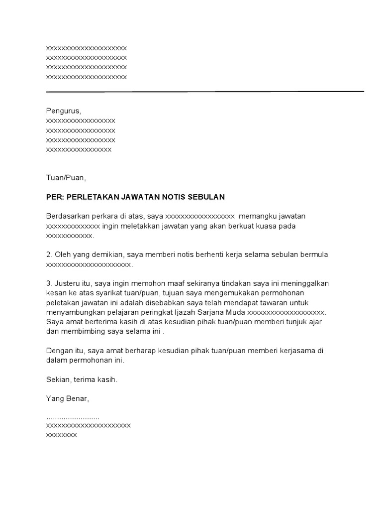 Contoh Surat Perletakkan Jawatan Notis Seblulan | PDF