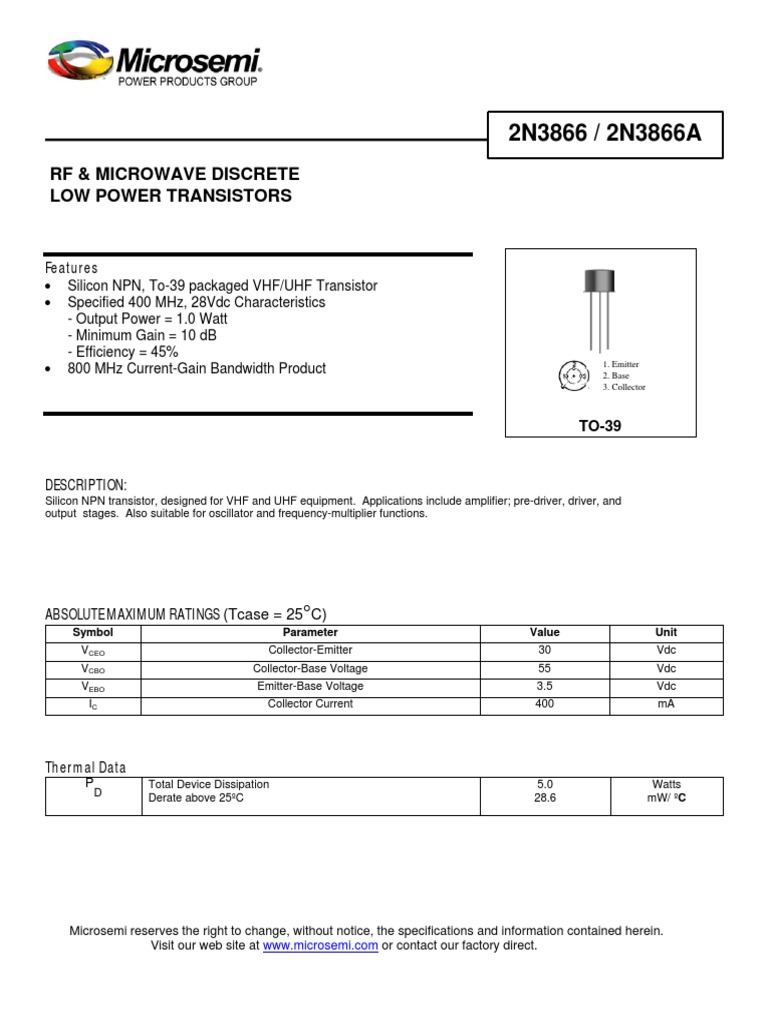 2N3866 Datasheet Rev B | PDF | Bipolar Junction Transistor | Transistor
