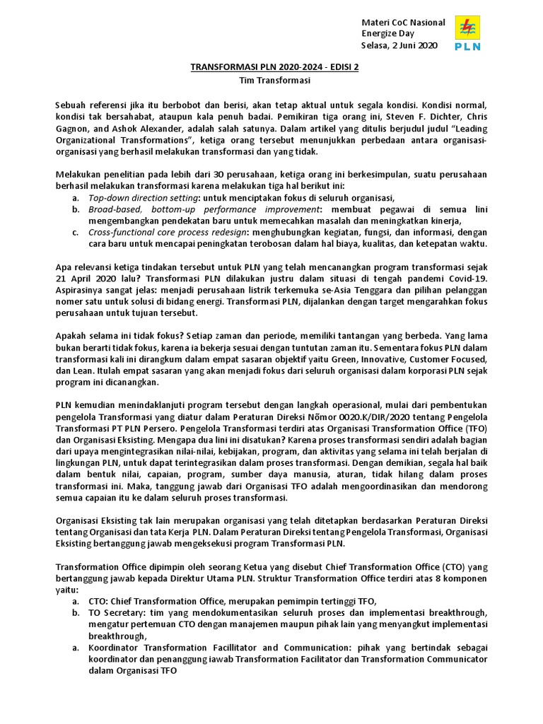 Materi CoC Nasional - 02062020 - Energize Day - Transformasi PLN 2020 - 2024 - Edisi 2 - Rev | PDF
