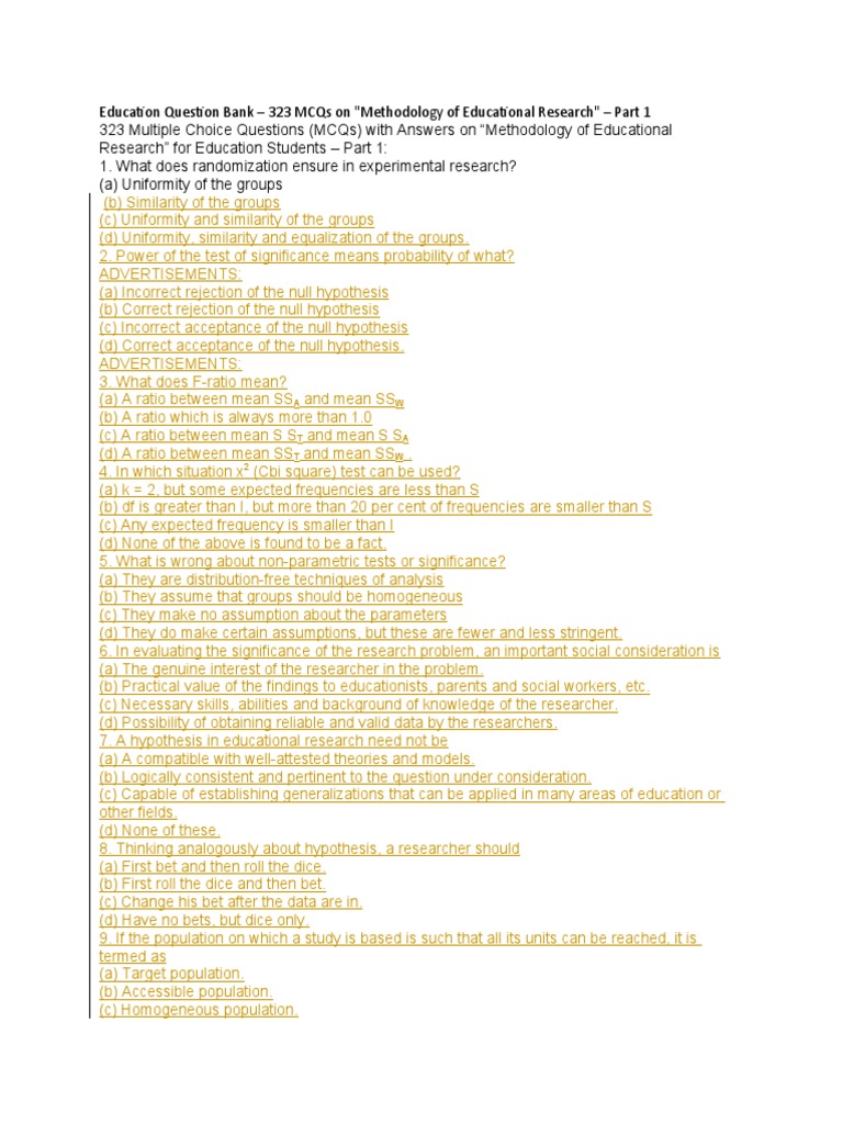Methodology of Education Research MCQS | PDF | Analysis Of Variance ...
