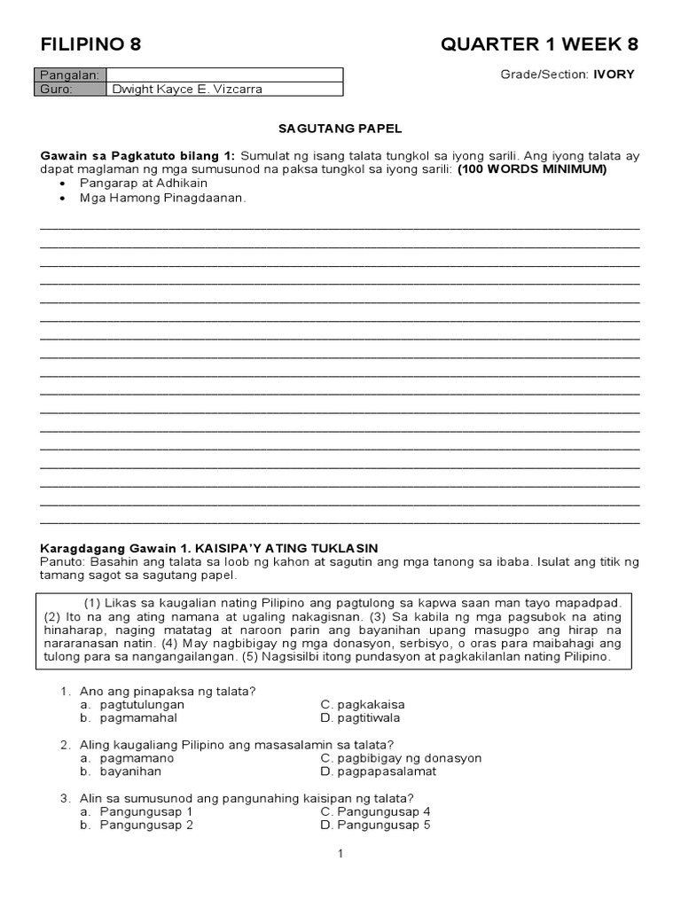 Filpino8 W1 Q7 Answer Sheet Mod | PDF