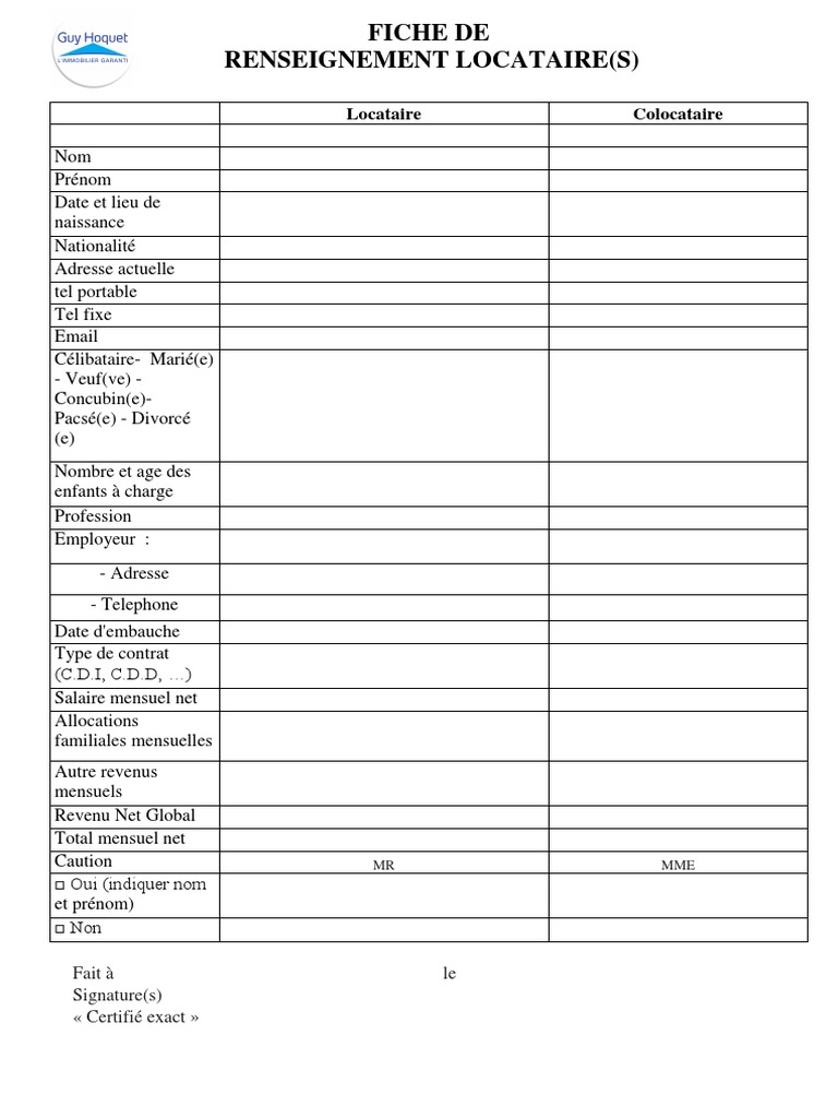 Fiche de Renseignement Locataire | PDF | Évolution de carrière ...
