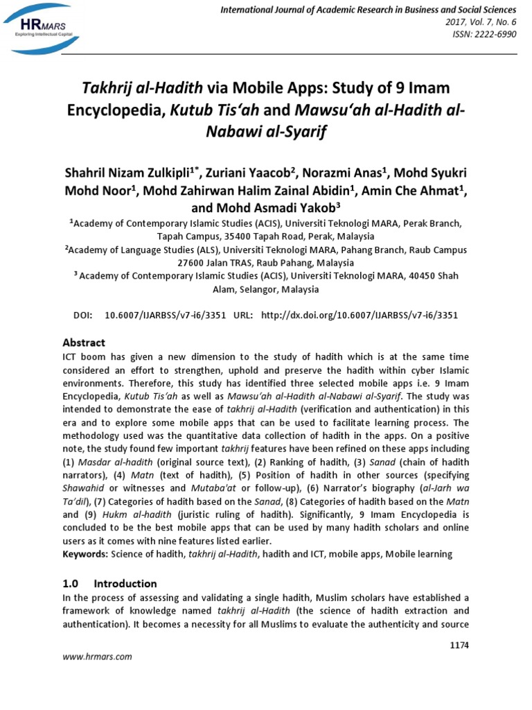 Takhrij Al-Hadith Via Mobile Apps Study of 9 Imam Encyclopedia, Kutub ...