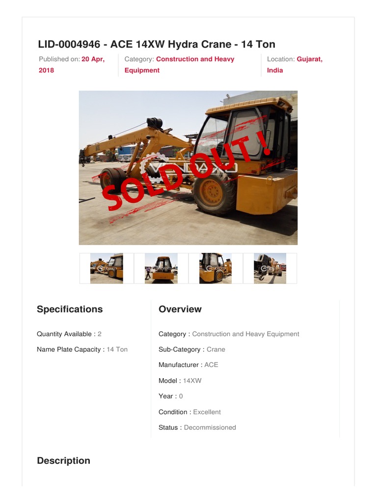 Vendaxo - ACE 14XW Hydra Crane - 14 Ton | PDF | Manufactured Goods ...