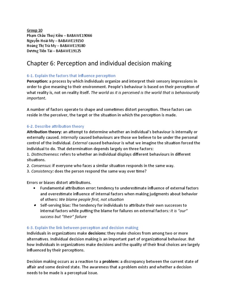 Chapter 6: Perception and Individual Decision Making: 6-1. Explain The ...
