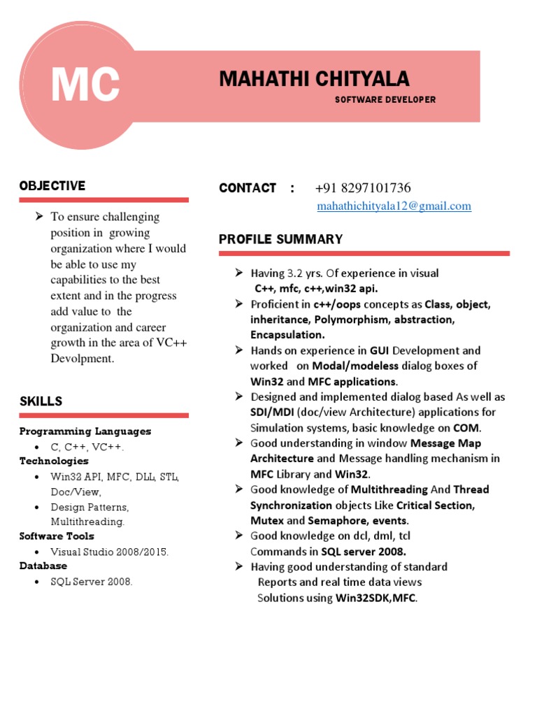 Mahathi Chityala's Resume: Software Developer with 3+ Years of Experience in Visual C++, MFC ...