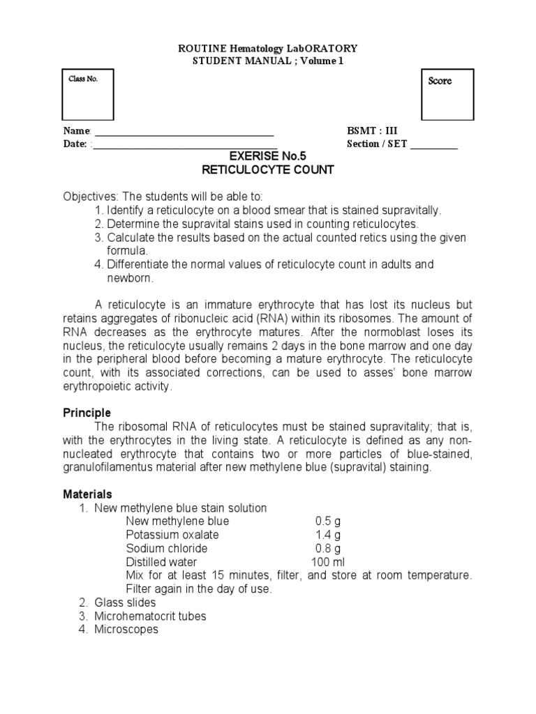 Reticulocyte Count Procedure Guide | PDF | Staining | Red Blood Cell