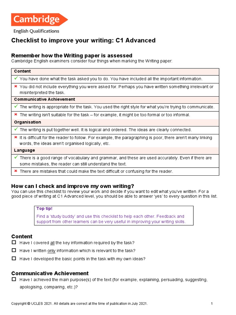Improve Your English Checklist c1 | PDF | Vocabulary | Word