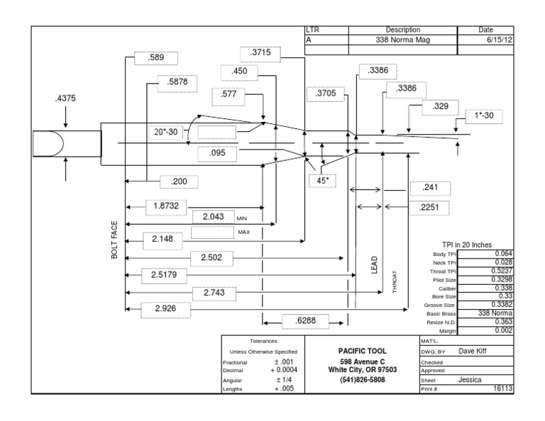 Technical specifications and dimensions for a 338 Norma Magnum ...