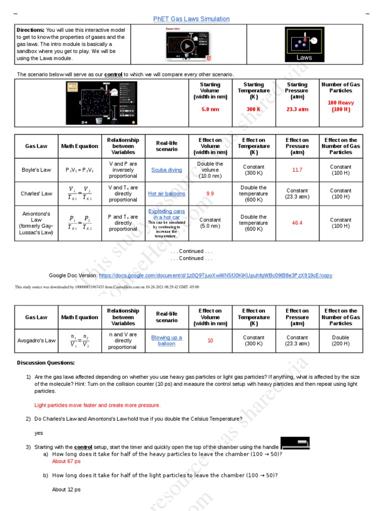 PhET Gas Laws Simulation Guide | PDF | Gases | Temperature