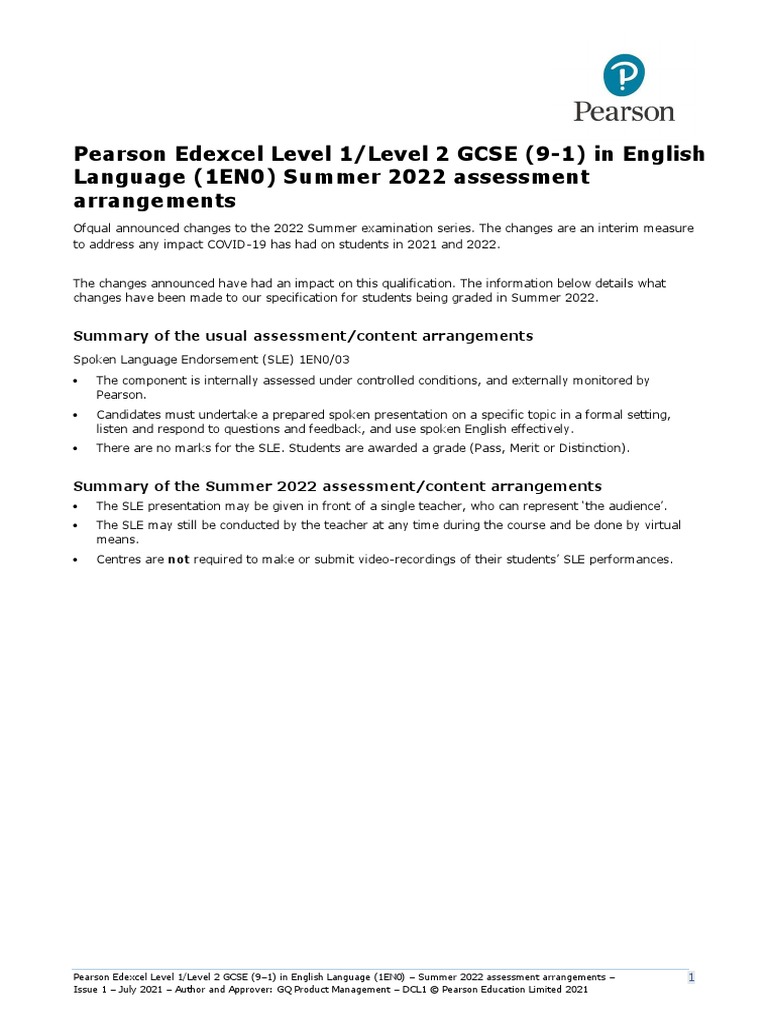 Pearson Edexcel Level 1/level 2 GCSE (9-1) in English Language (1EN0 ...