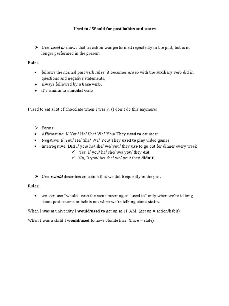 Past Habits: Used to vs. Would | PDF