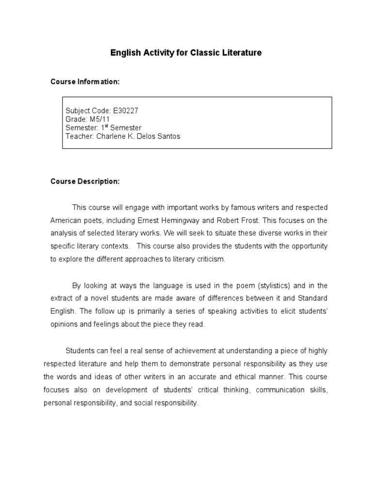 English Activity For Classic Literature Course Description | PDF