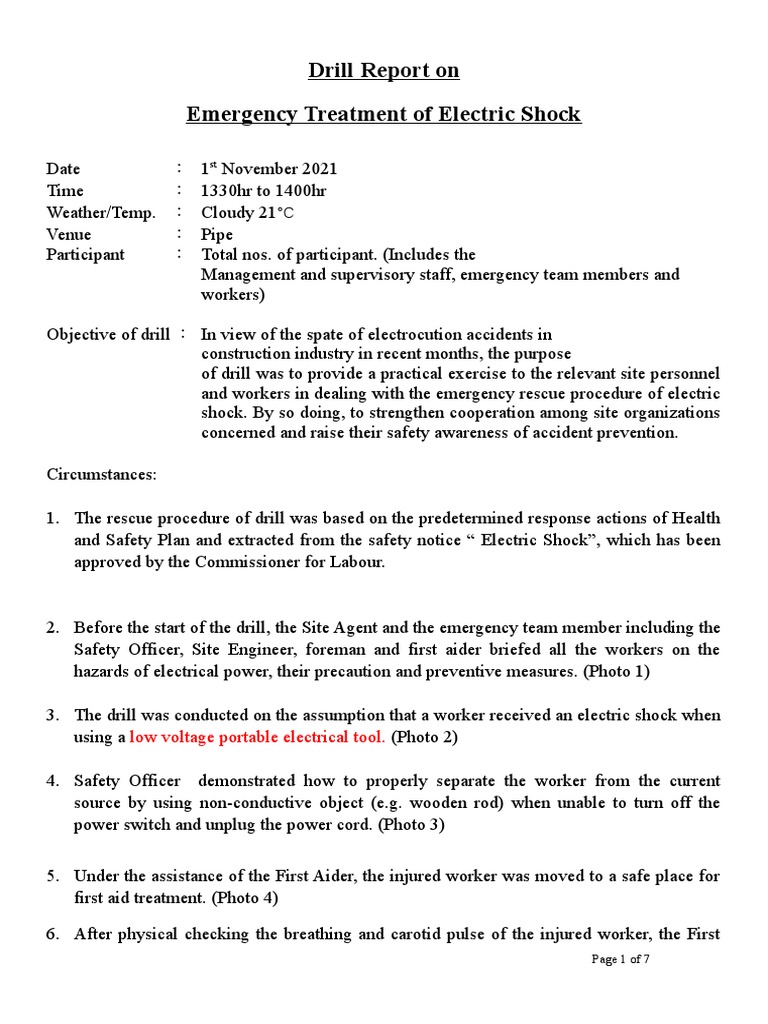 Electric Shock Emergency Drill Report | PDF | First Aid ...